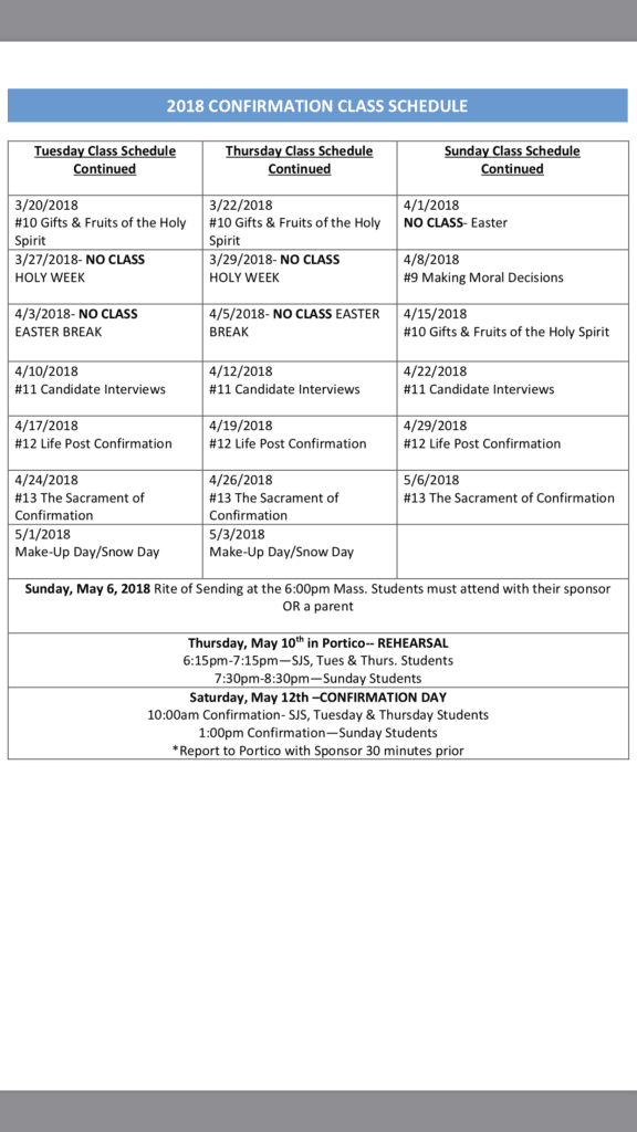 Confirmation Calendar - St. John Roman Catholic Church - Westminster, MD