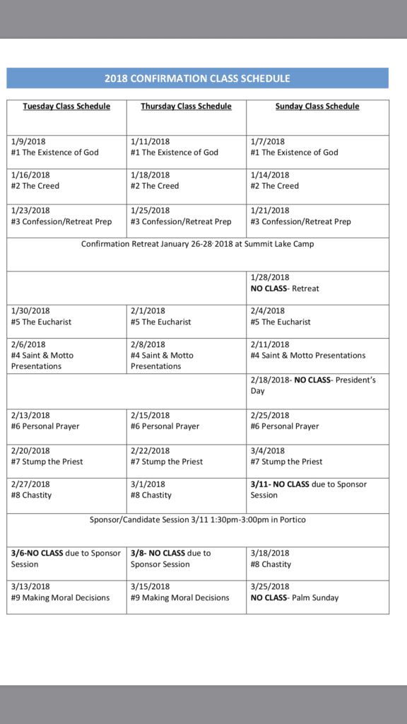 Confirmation Calendar - St. John Roman Catholic Church - Westminster, MD